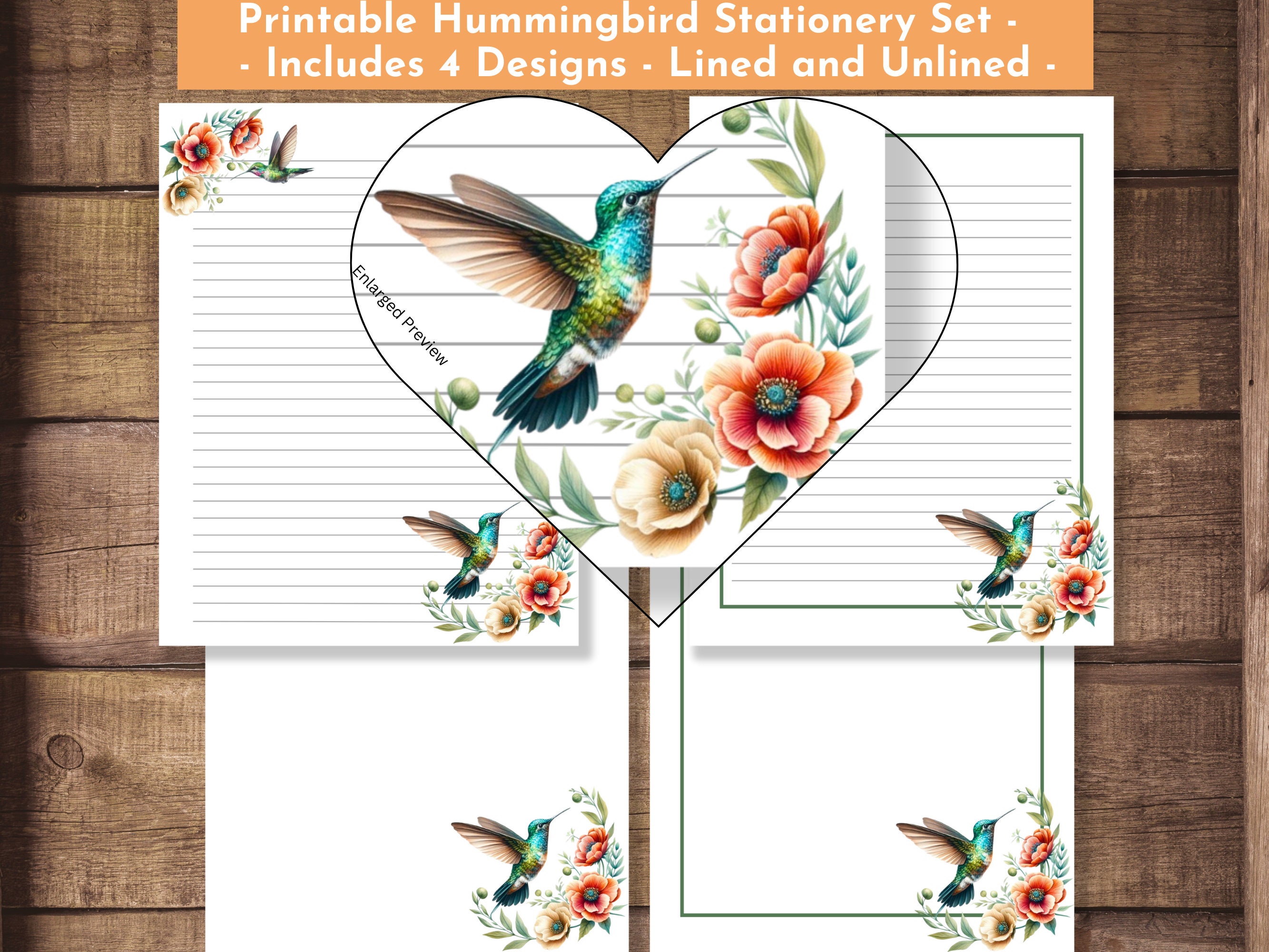Hummingbird Writing Paper Stationery, Peach Floral Printable Stationary ...