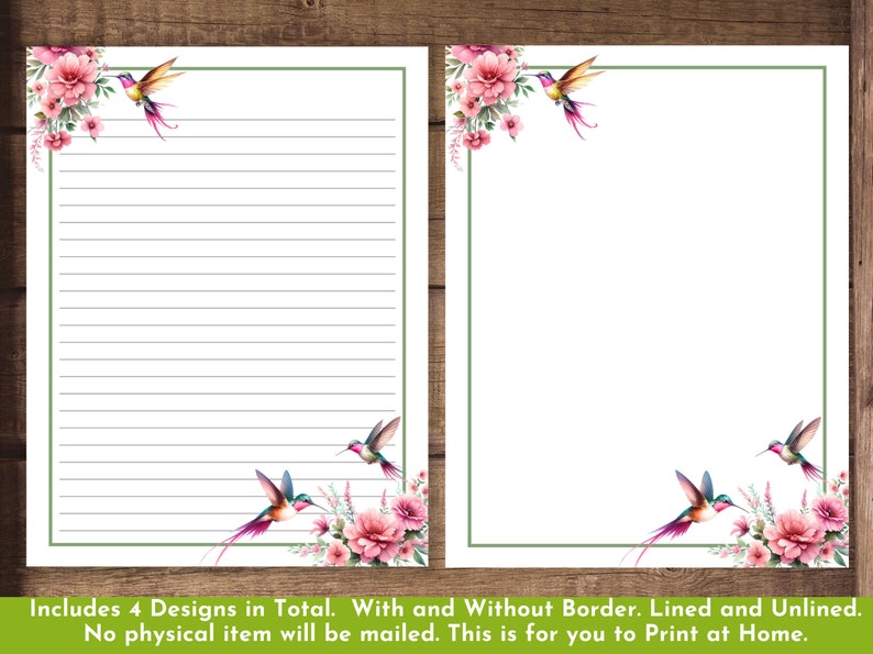 Hummingbird Printable Stationary Set Pink Floral Flowers Spring ...