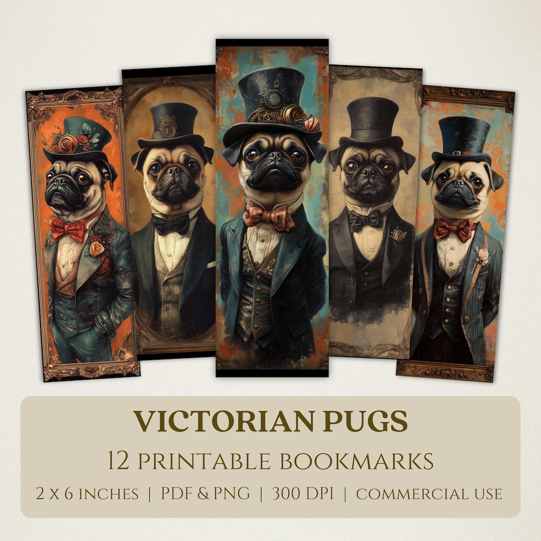 Victorian Pugs Printable Bookmarks, High Quality Digital Images ...