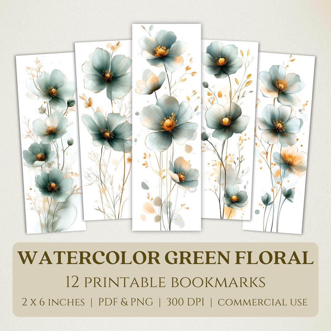 Watercolor Green Floral Printable Bookmarks, High Quality Digital ...