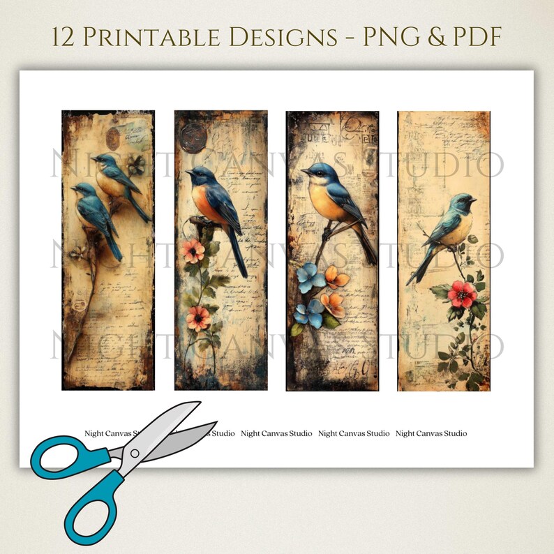 Grunge Bluebirds Printable Bookmarks, High Quality Digital Images ...