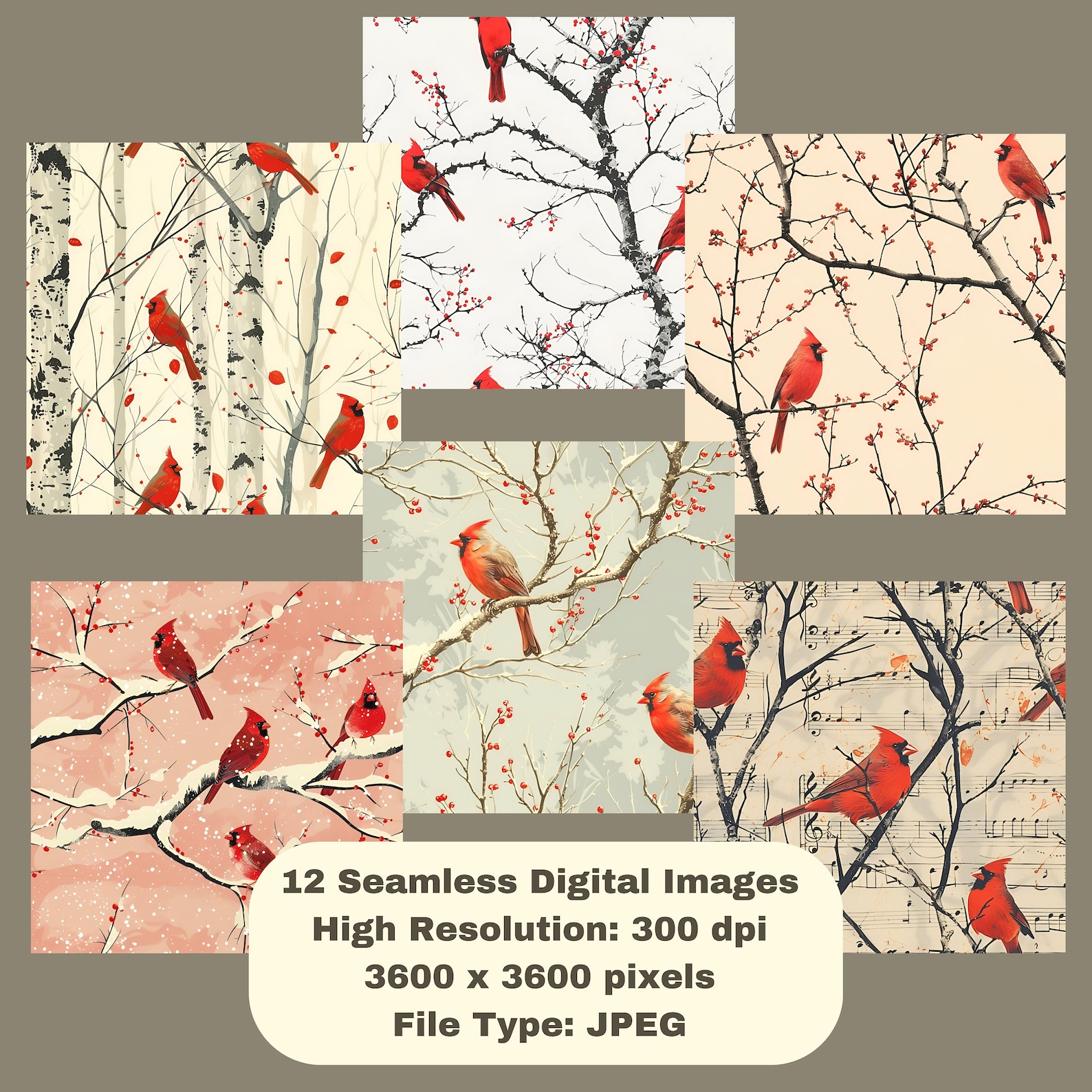 Red Cardinal Digital Paper, 12 High Quality Seamless Images, Printable ...