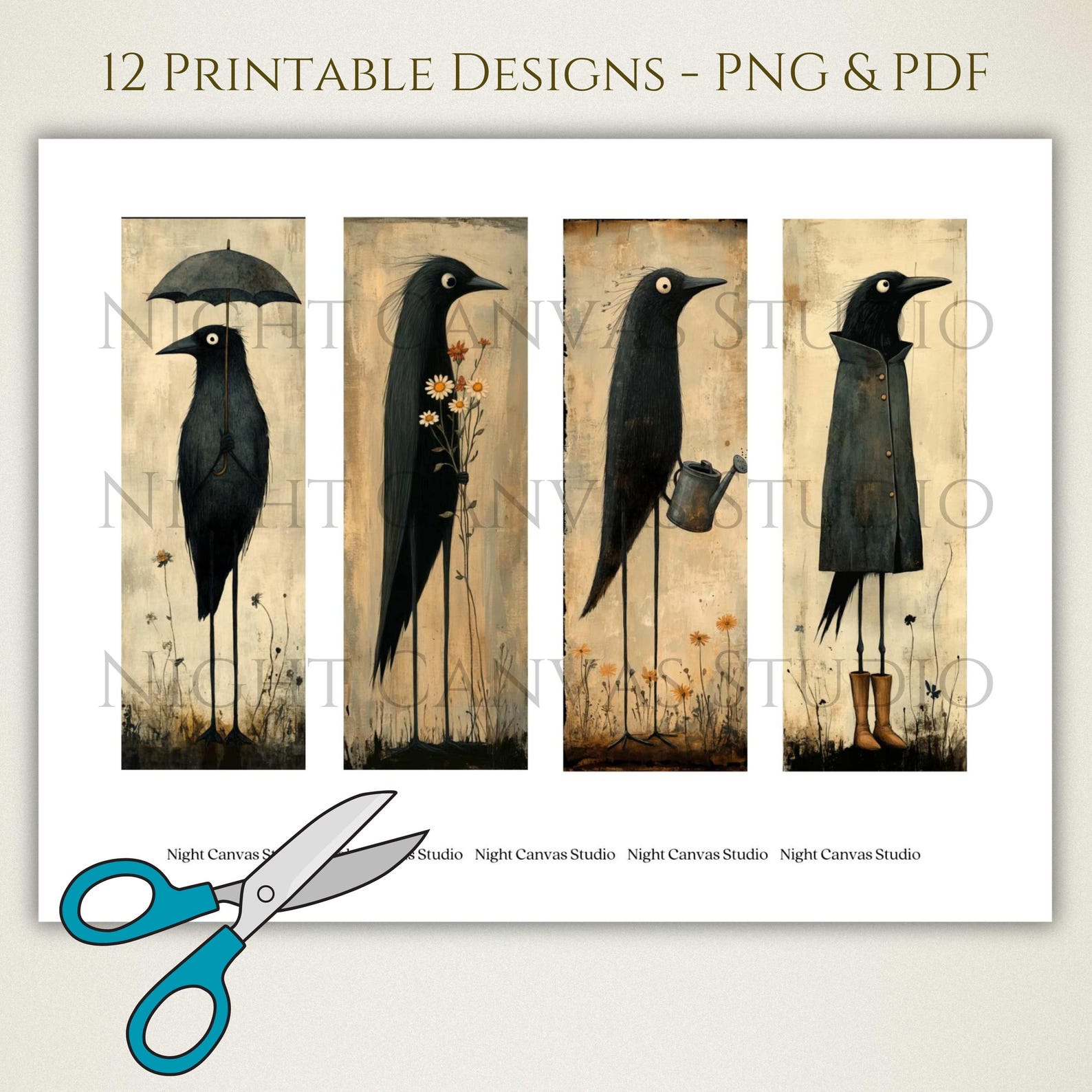 Whimsical Crows Printable Bookmarks, High Quality Digital Images ...