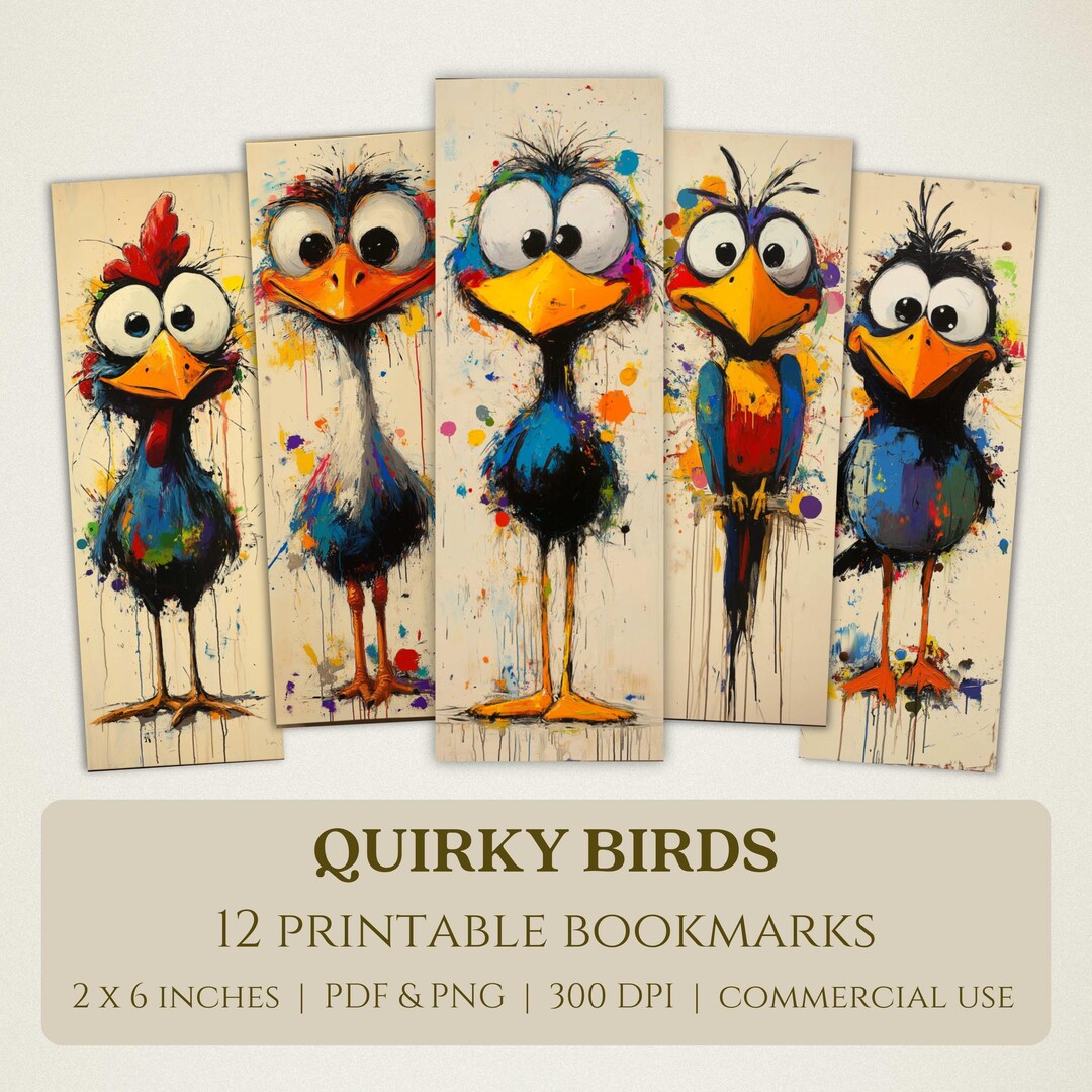 Quirky Birds Printable Bookmarks, High Quality Digital Images, Instant ...