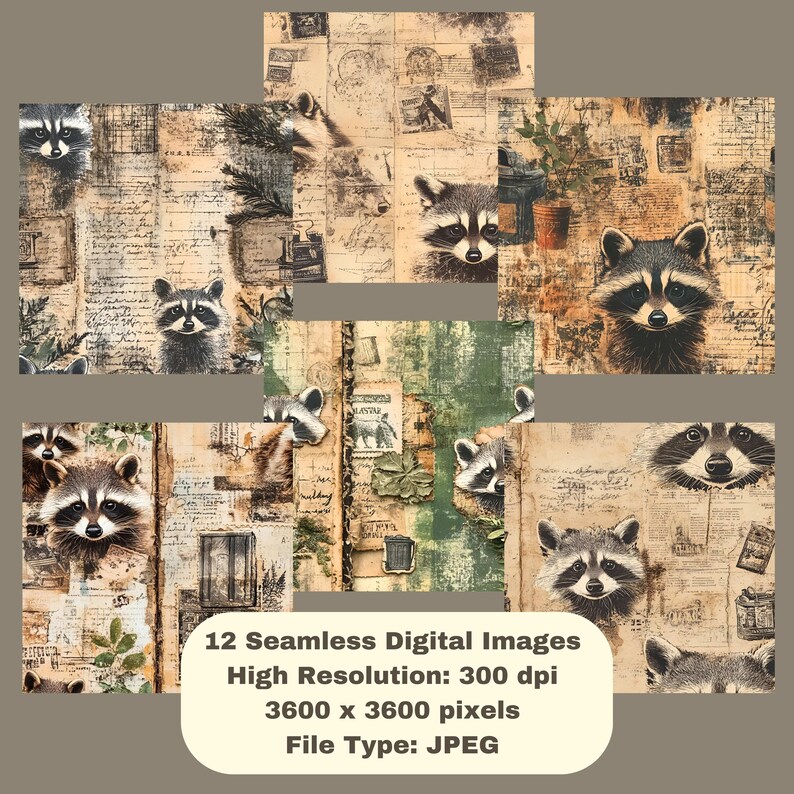 Grunge Raccoons Digital Paper, High Quality Seamless Images, Printable ...