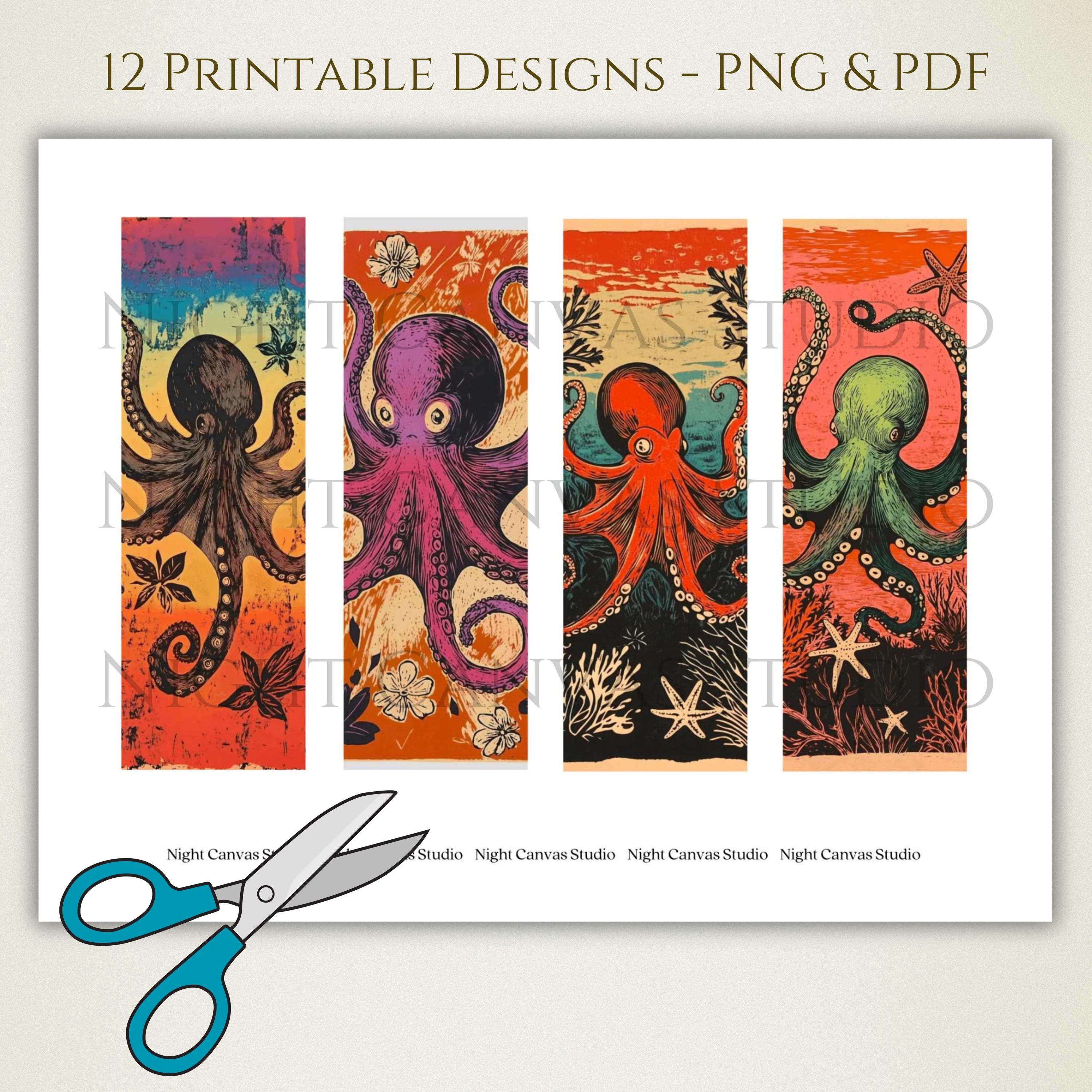 Linocut Octopus Printable Bookmarks, High Quality Digital Images ...