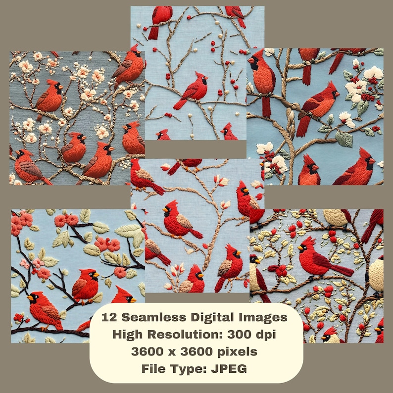 Cardinal Embroidery Digital Paper, High Quality Seamless Images ...