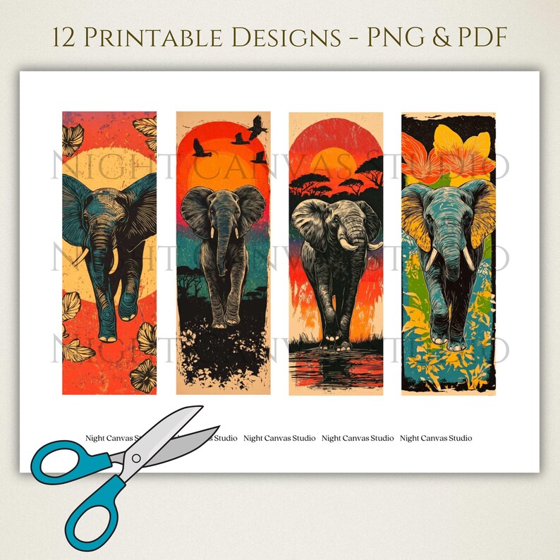 Linocut Elephants Printable Bookmarks, High Quality Digital Images ...