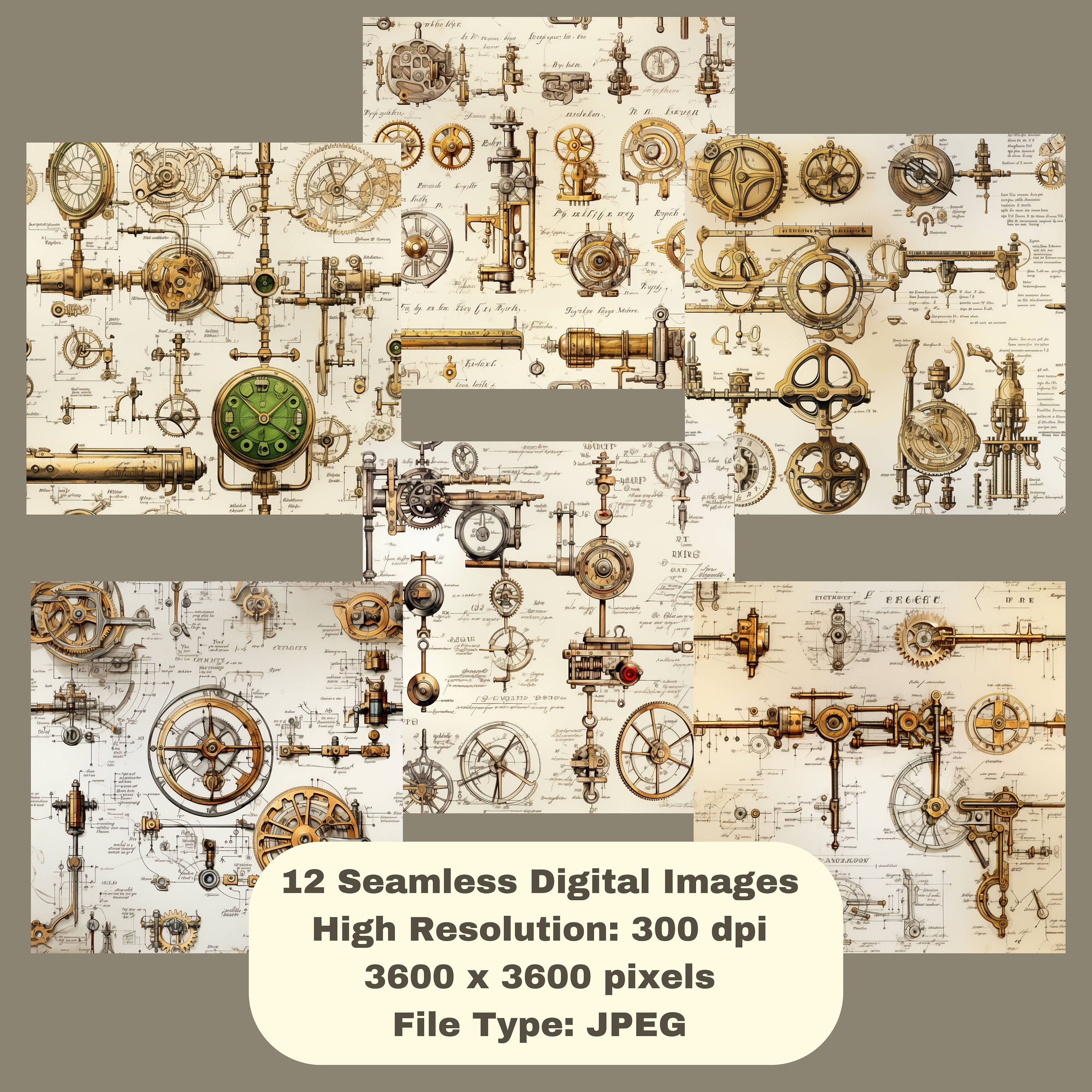 Mechanical Steampunk Digital Paper, 12 High Quality Seamless Images ...
