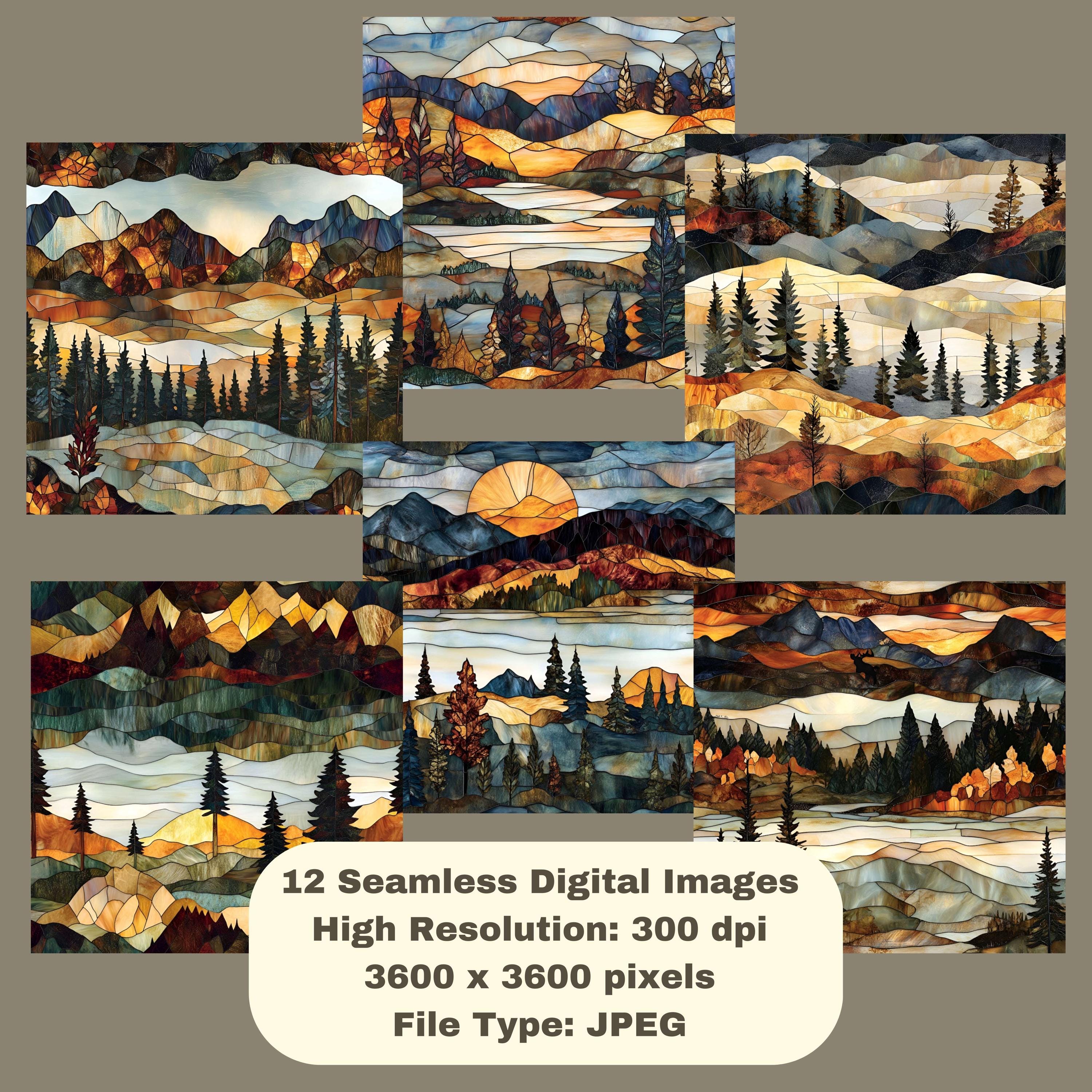 Stained Glass Mountains Digital Paper, High Quality Seamless Images ...