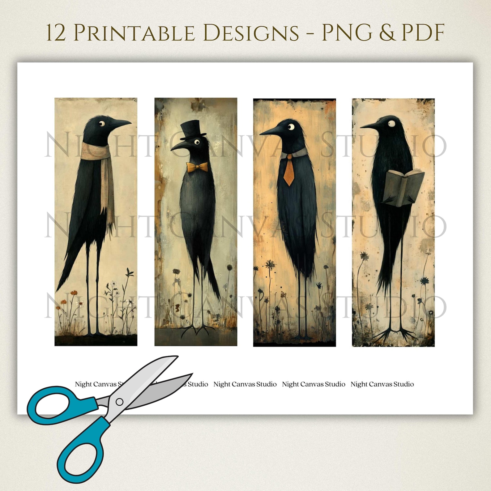 Whimsical Crows Printable Bookmarks, High Quality Digital Images ...