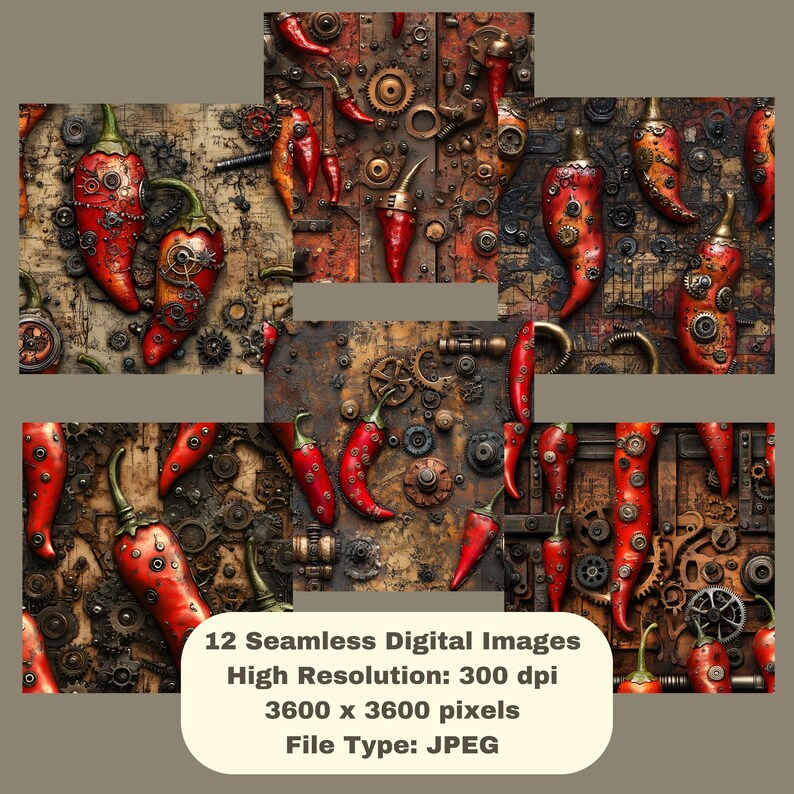 Steampunk Chili Peppers Digital Paper, High Quality Seamless Images ...