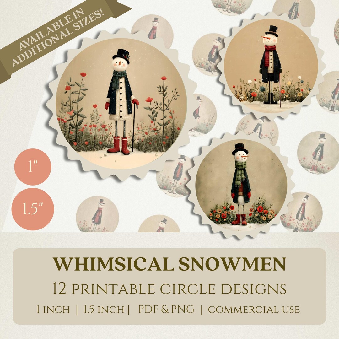 Whimsical Snowmen Printable 1" & 1.5" Circle Collage Sheets (PDF + PNG ...