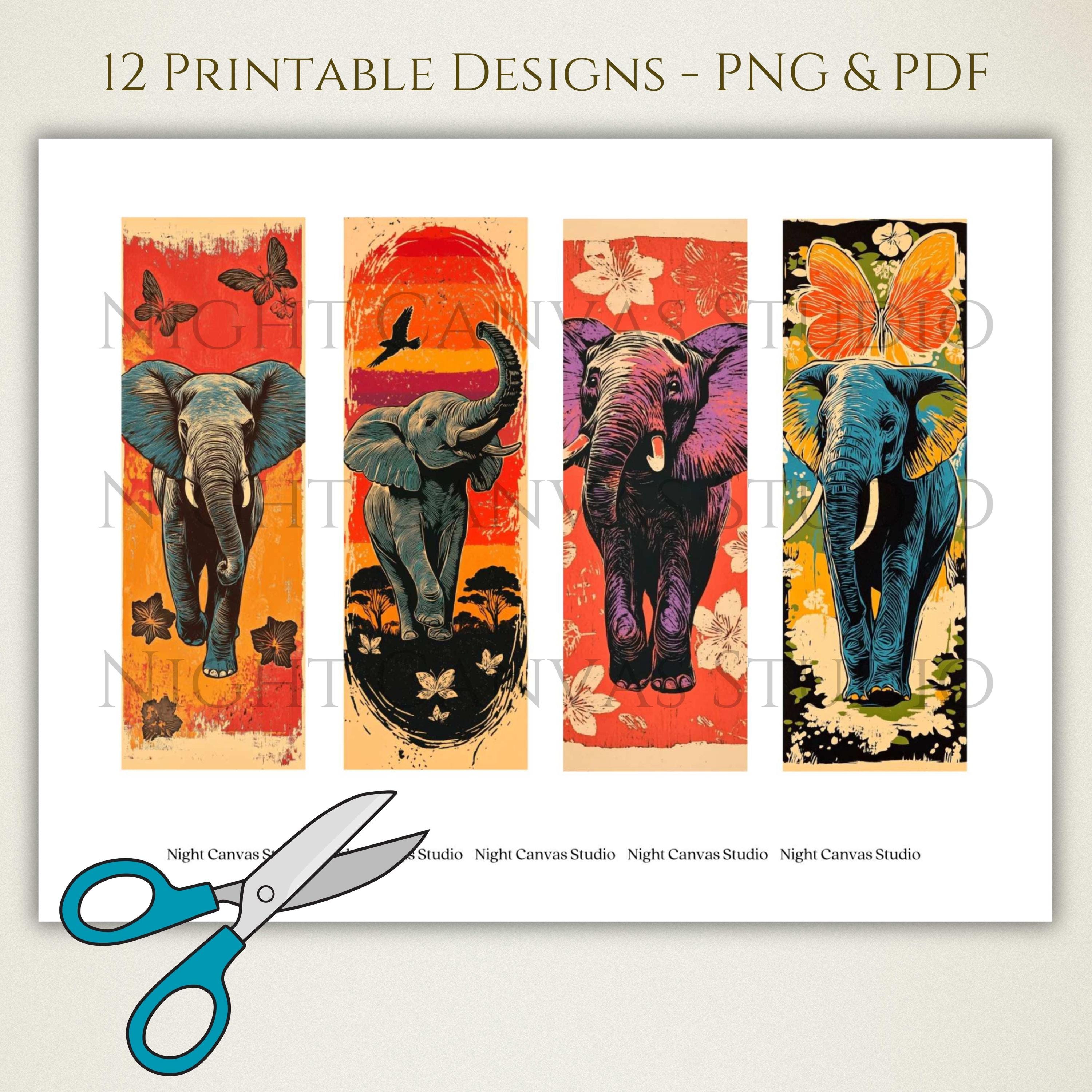 Linocut Elephants Printable Bookmarks, High Quality Digital Images ...