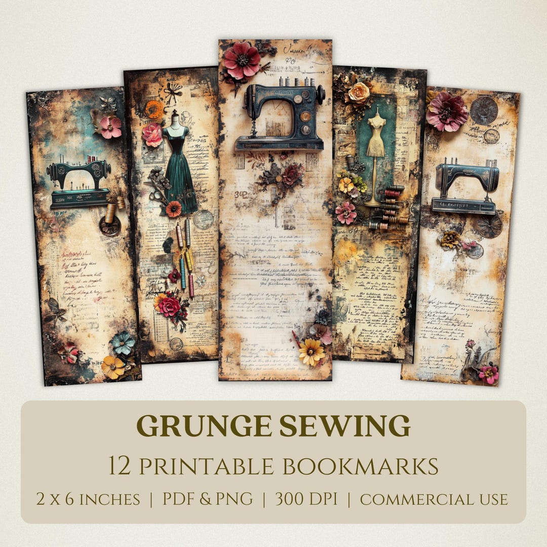 Grunge Sewing Printable Bookmarks, High Quality Digital Images, Instant ...