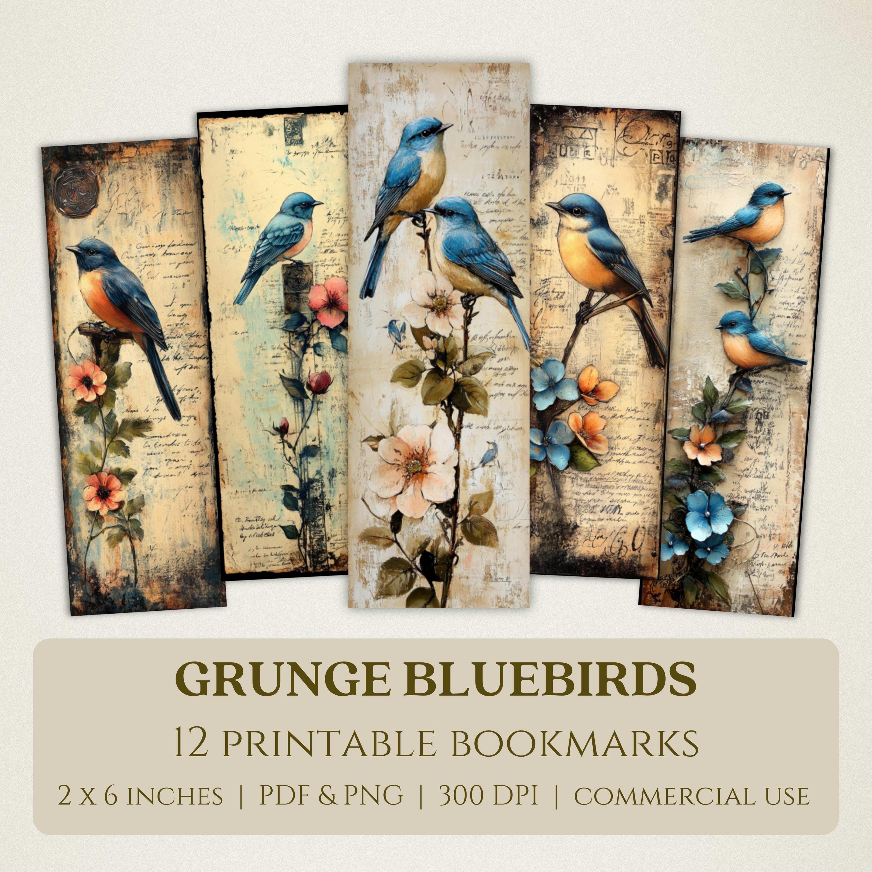 Grunge Bluebirds Printable Bookmarks, High Quality Digital Images ...