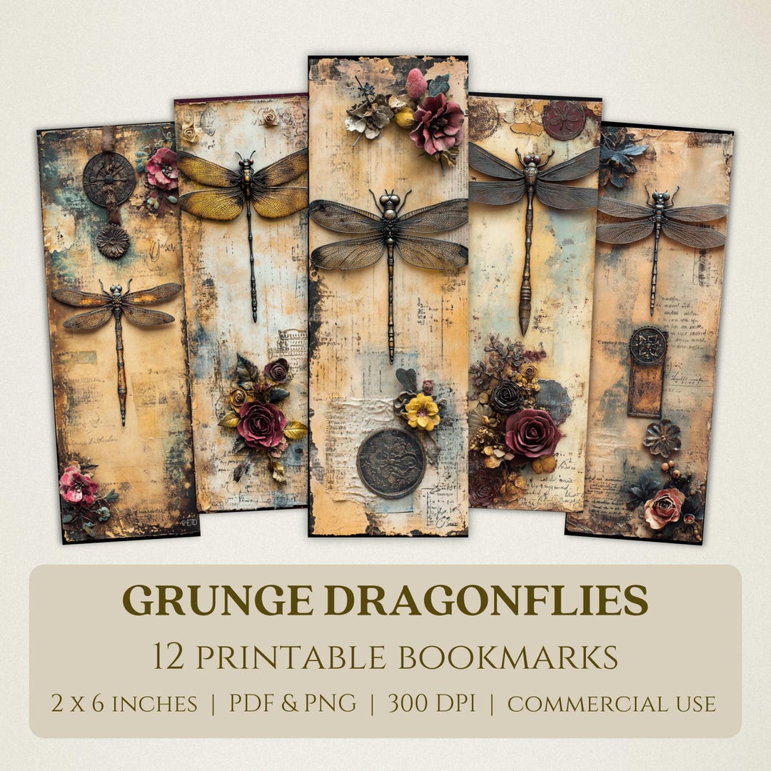 Grunge Dragonflies Printable Bookmarks, High Quality Digital Images ...