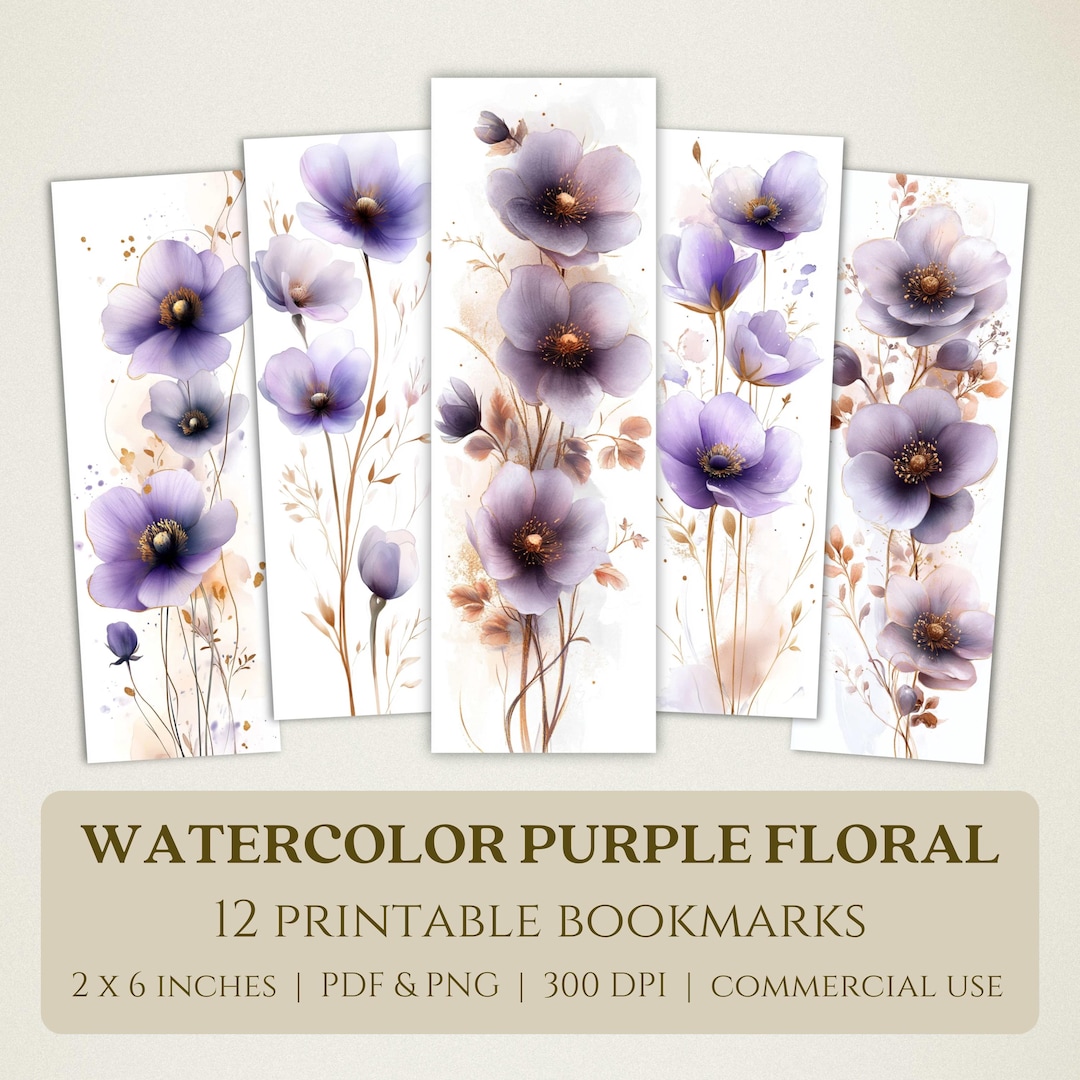 Watercolor Purple Floral Printable Bookmarks, High Quality Digital ...