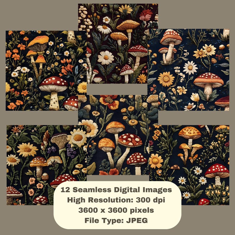 Cottagecore Mushrooms Embroidery Digital Paper, High Quality Seamless ...