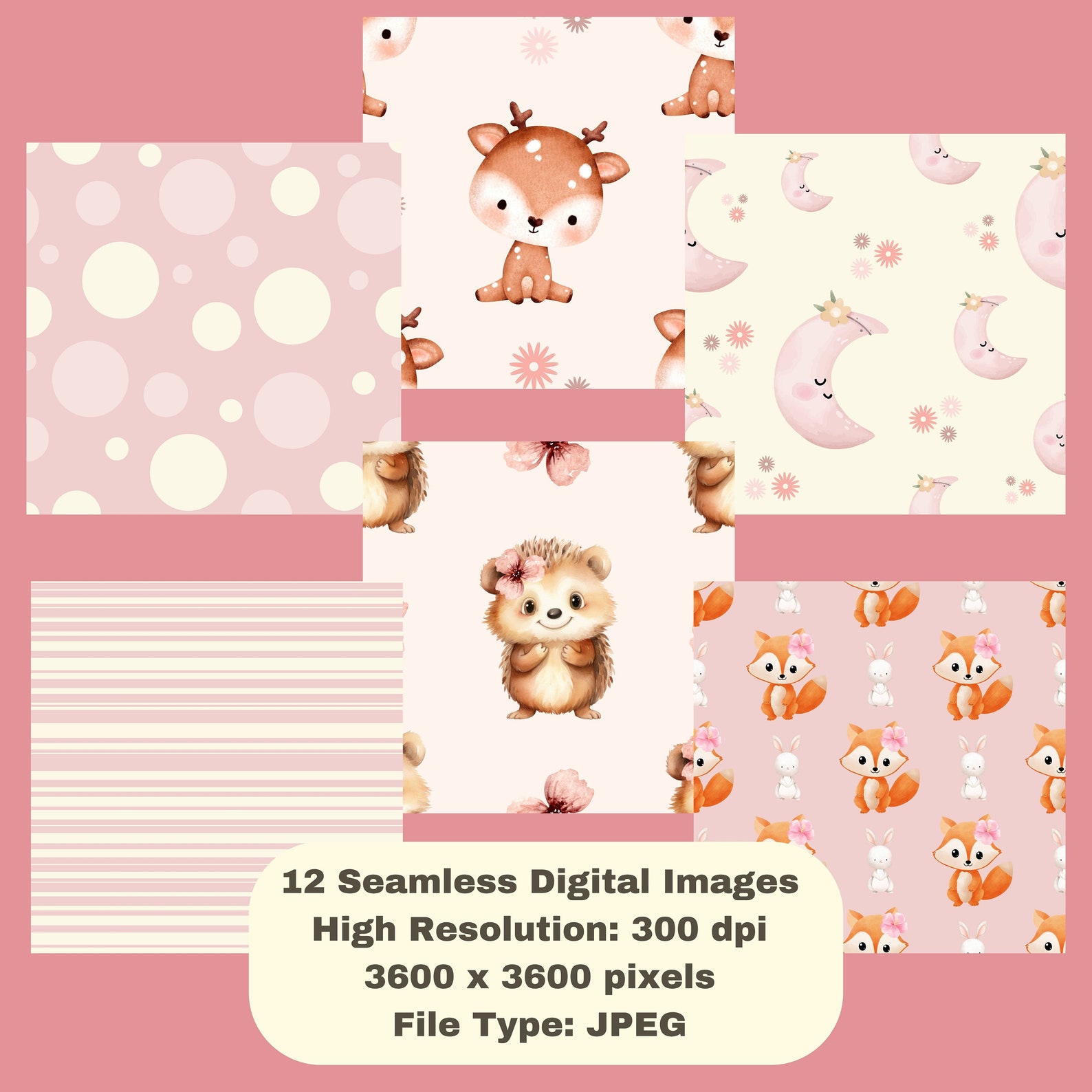 Pink Woodland Nursery Digital Paper, 12 High Quality Seamless Images ...