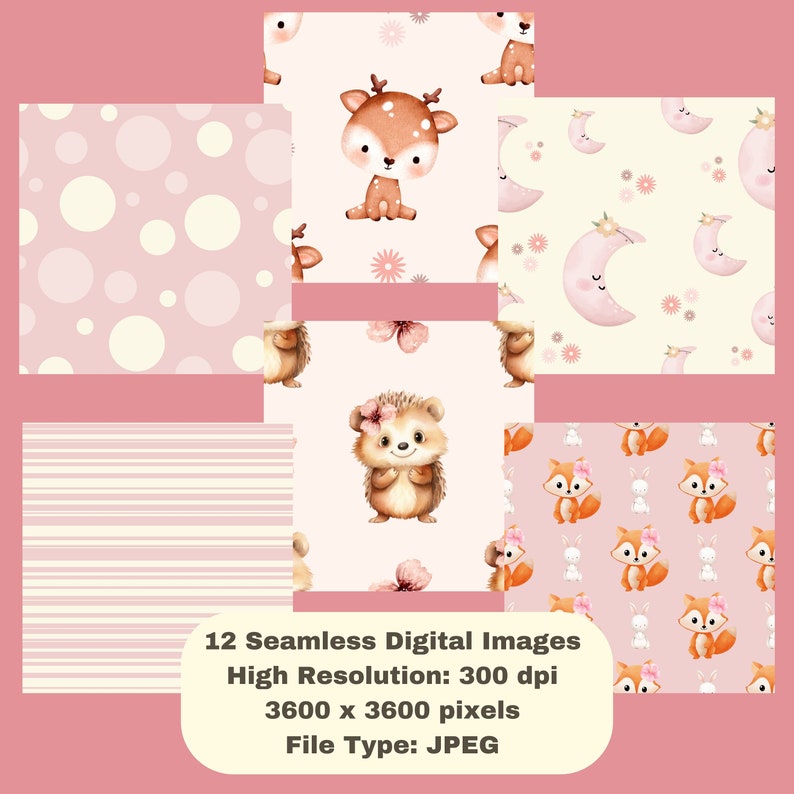 Pink Woodland Nursery Digital Paper, 12 High Quality Seamless Images ...