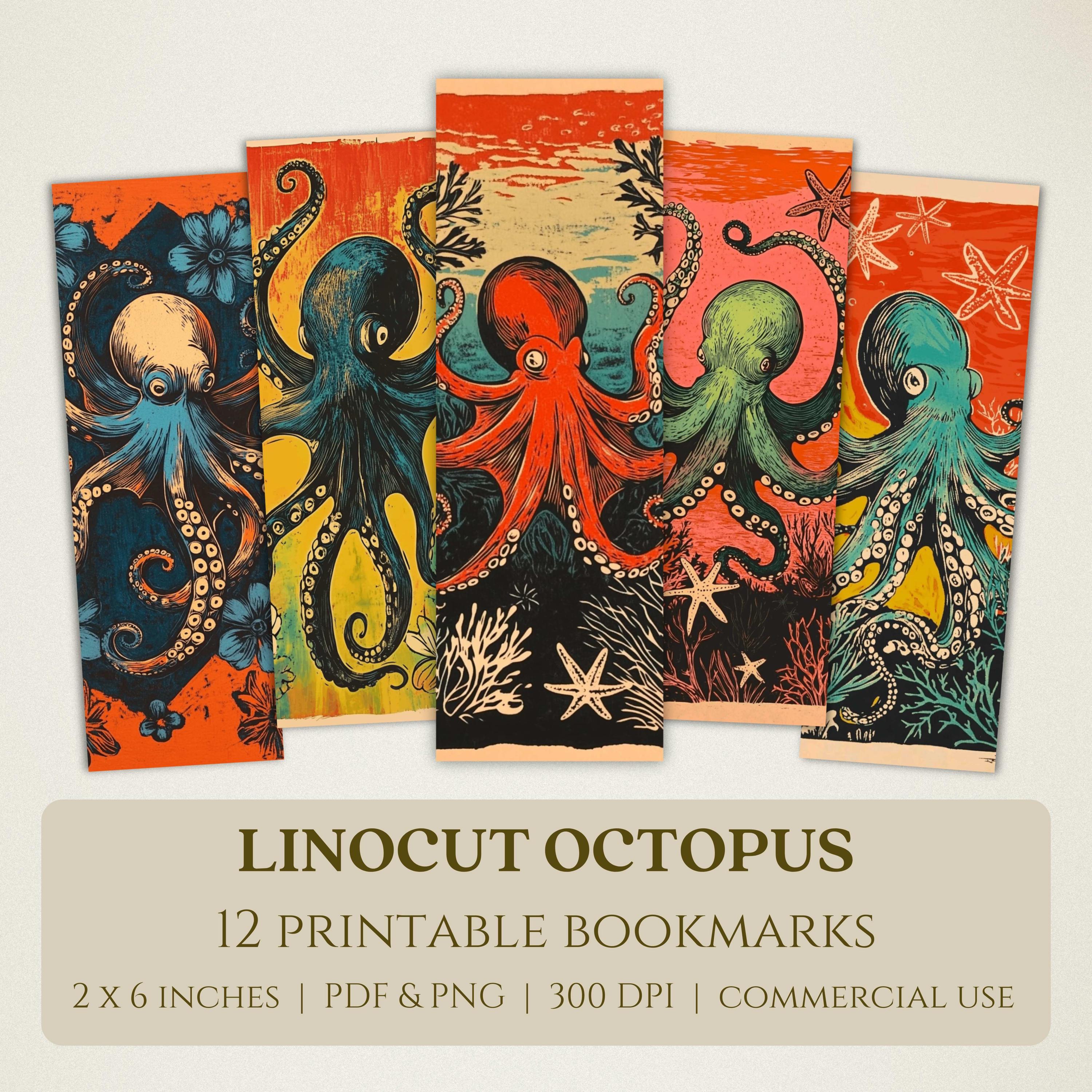 Linocut Octopus Printable Bookmarks, High Quality Digital Images ...
