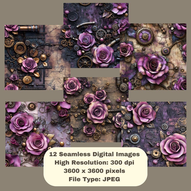Steampunk Purple Roses Digital Paper, High Quality Seamless Images ...