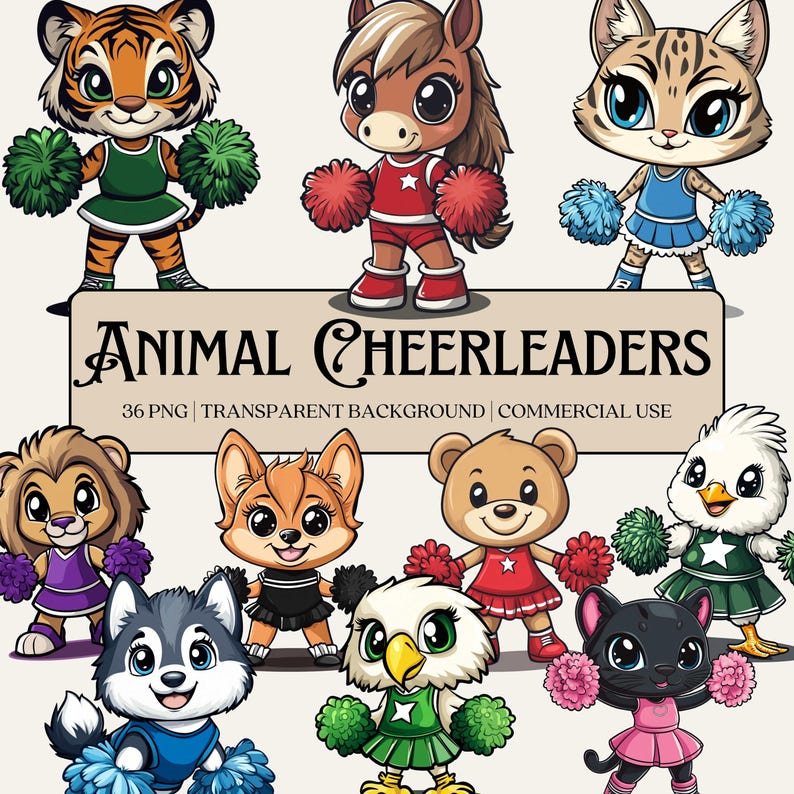 Animal Cheerleaders Clipart Bundle, High Quality PNG, Transparent ...