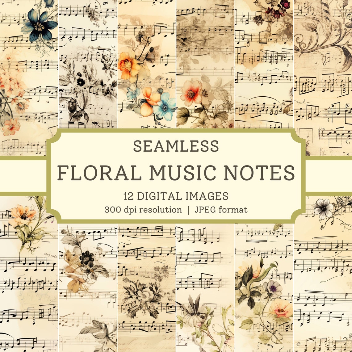 Floral Music Notes Digital Paper, 12 High Quality Seamless Images ...