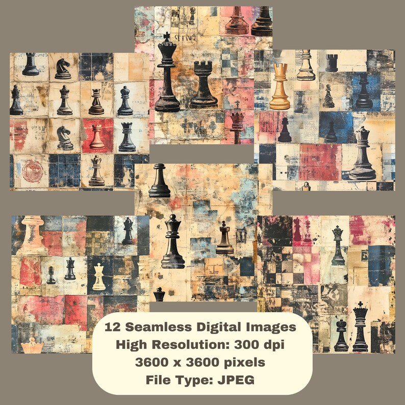 Grunge Chess Digital Paper, High Quality Seamless Images, Junk Journal ...