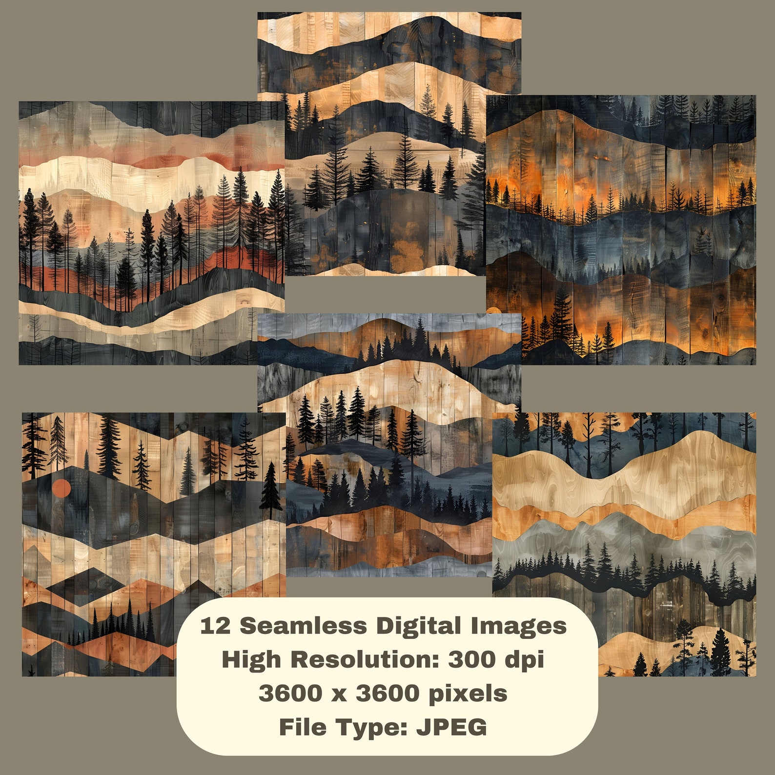 Rustic Wood Mountains Digital Paper, 12 High Quality Seamless Images ...