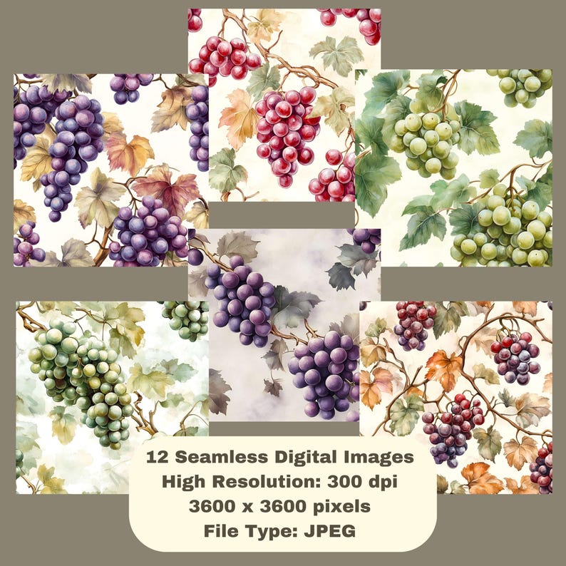 Watercolor Grapes Digital Paper, High Quality Seamless Images, Vineyard ...