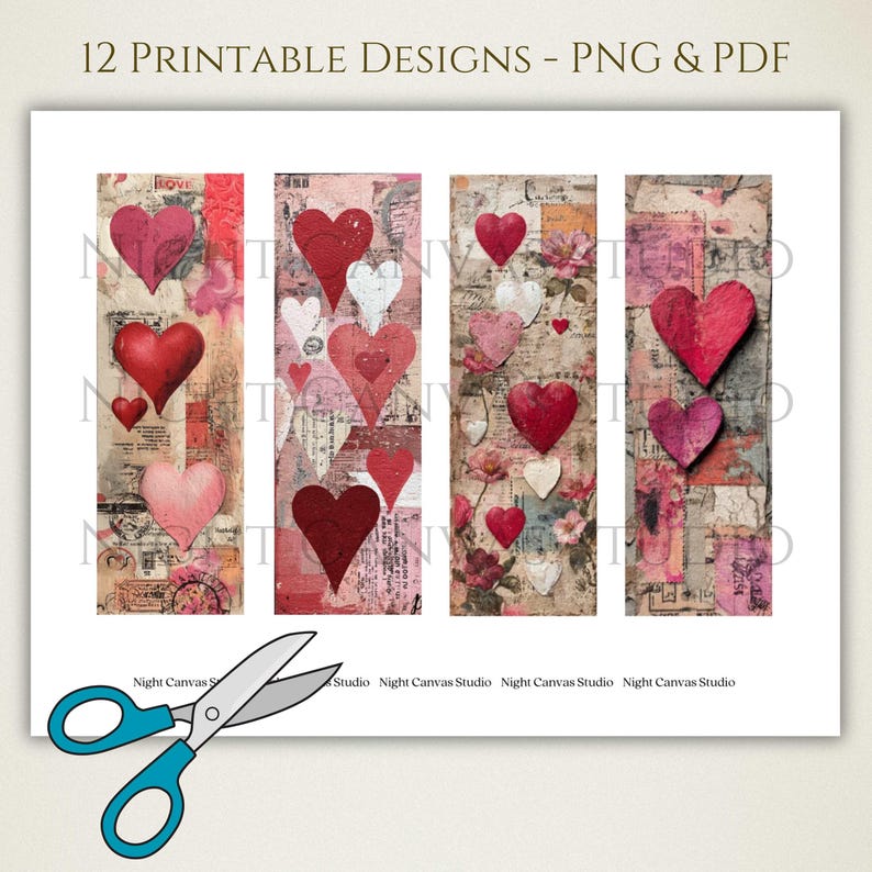 Grunge Hearts Printable Bookmarks, High Quality Digital Images ...