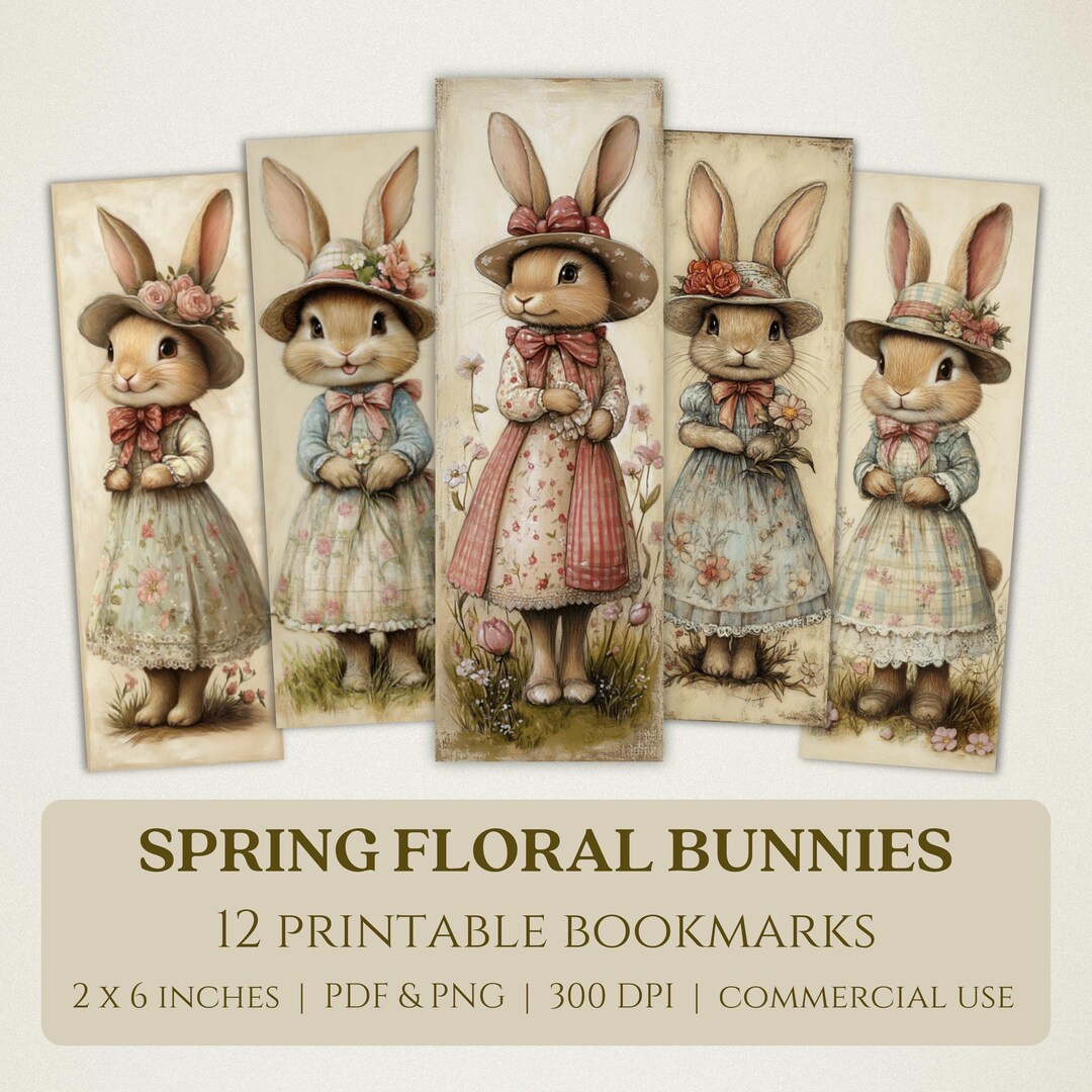 Spring Floral Bunnies Printable Bookmarks, High Quality Digital Images ...