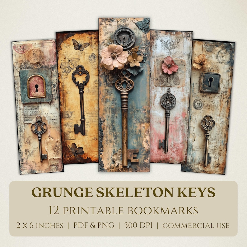 Grunge Skeleton Key Printable Bookmarks, High Quality Digital Images ...