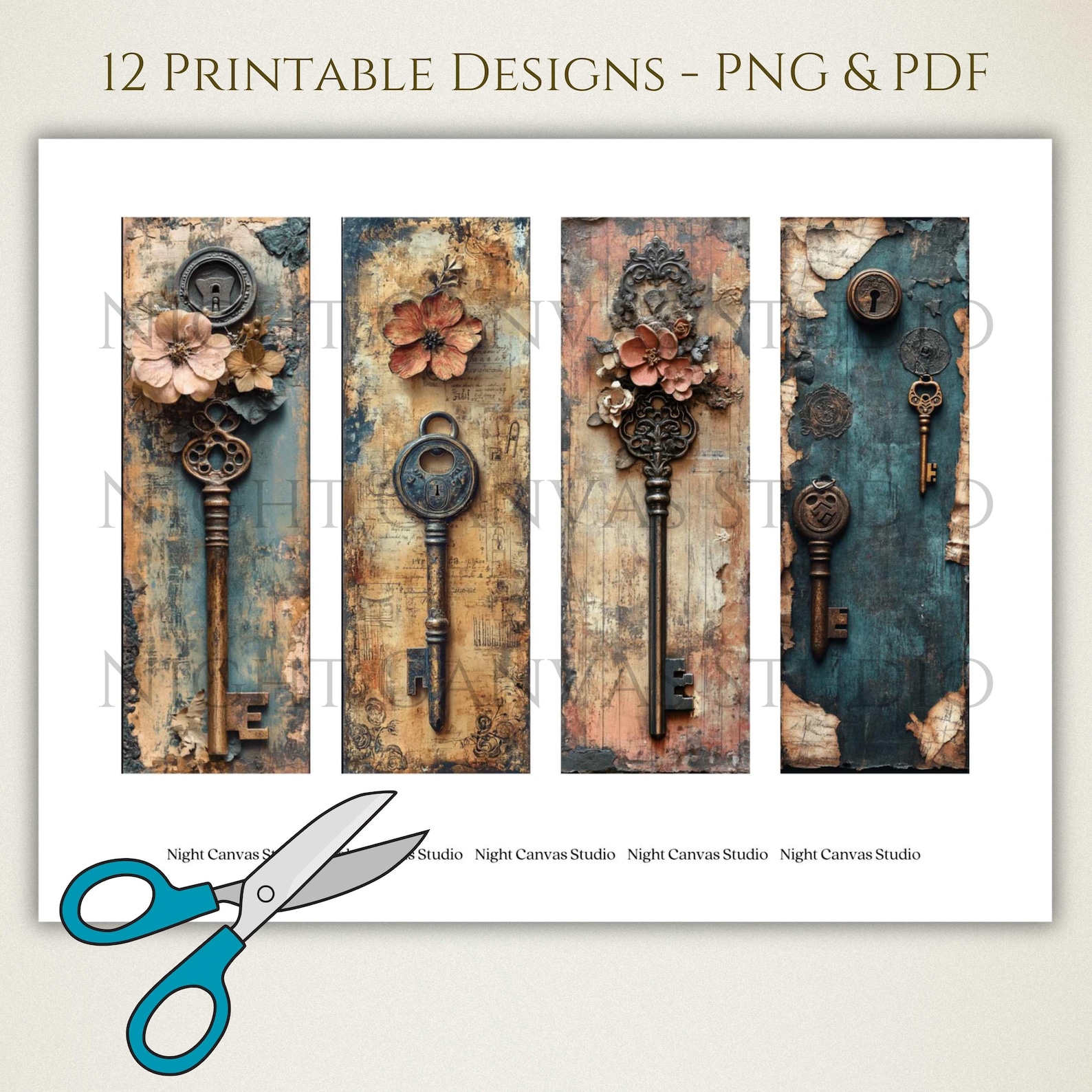 Grunge Skeleton Key Printable Bookmarks, High Quality Digital Images ...