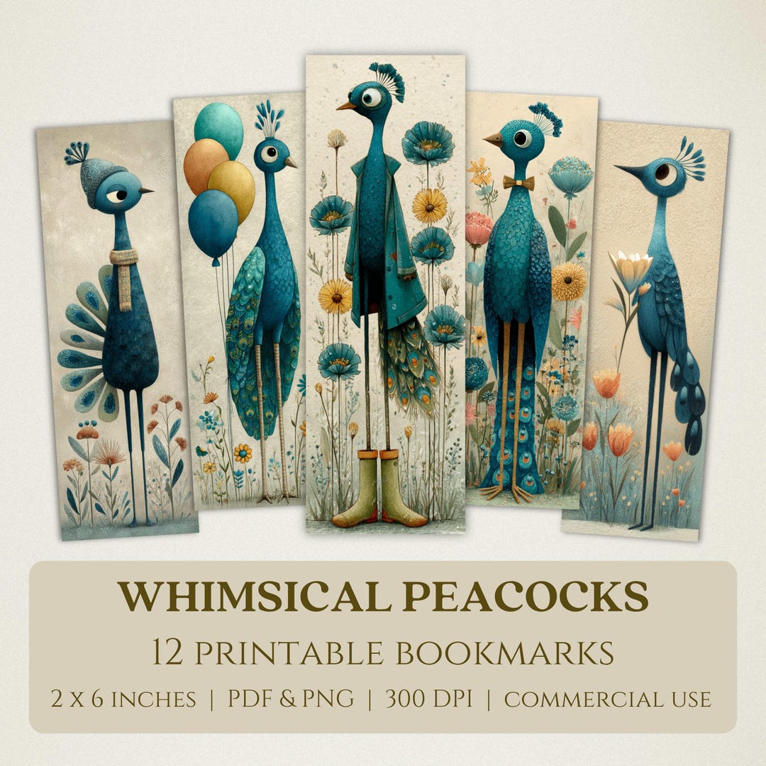 Whimsical Peacocks Printable Bookmarks, High Quality Digital Images ...