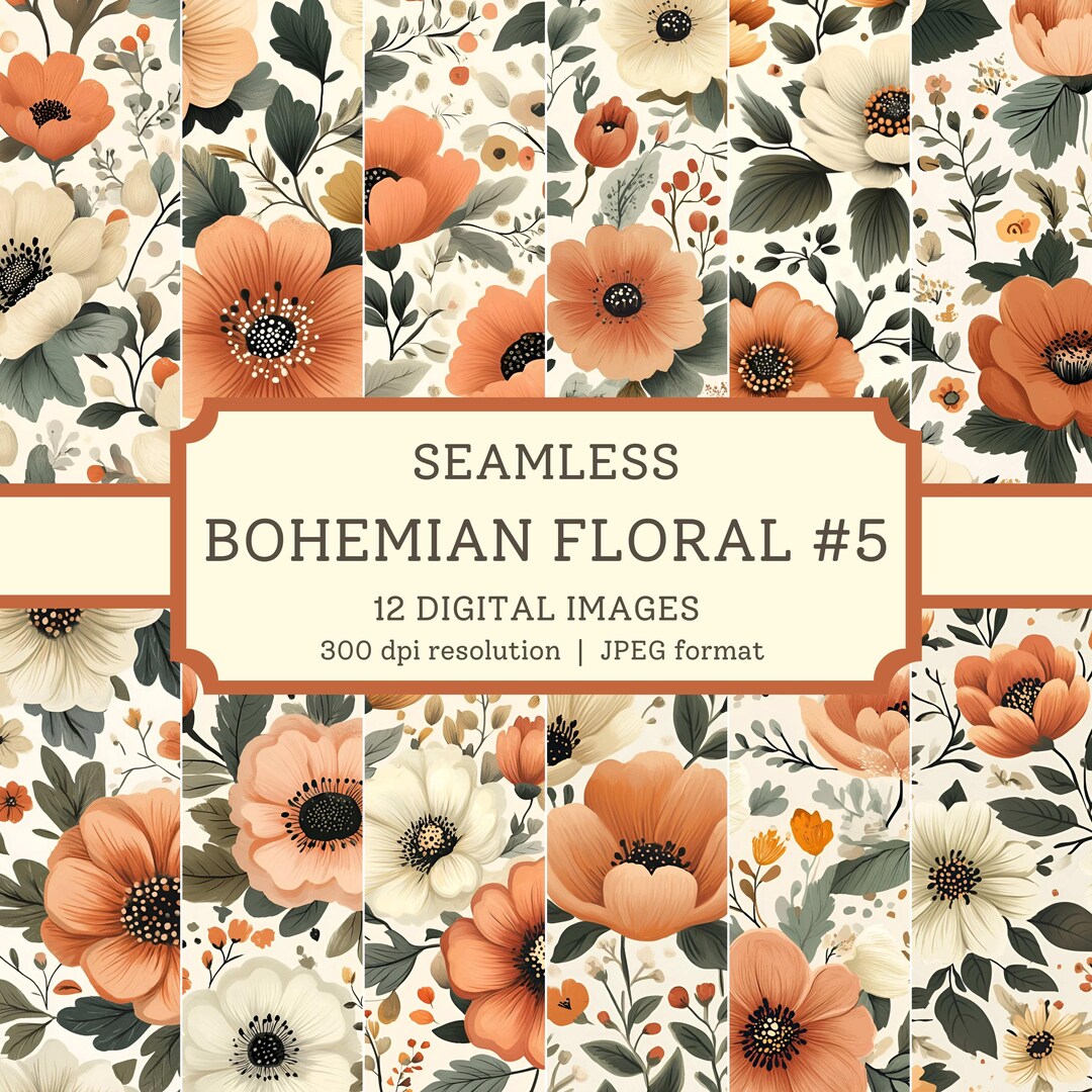 Bohemian Floral Digital Paper Pack #5, High Quality Seamless Images ...
