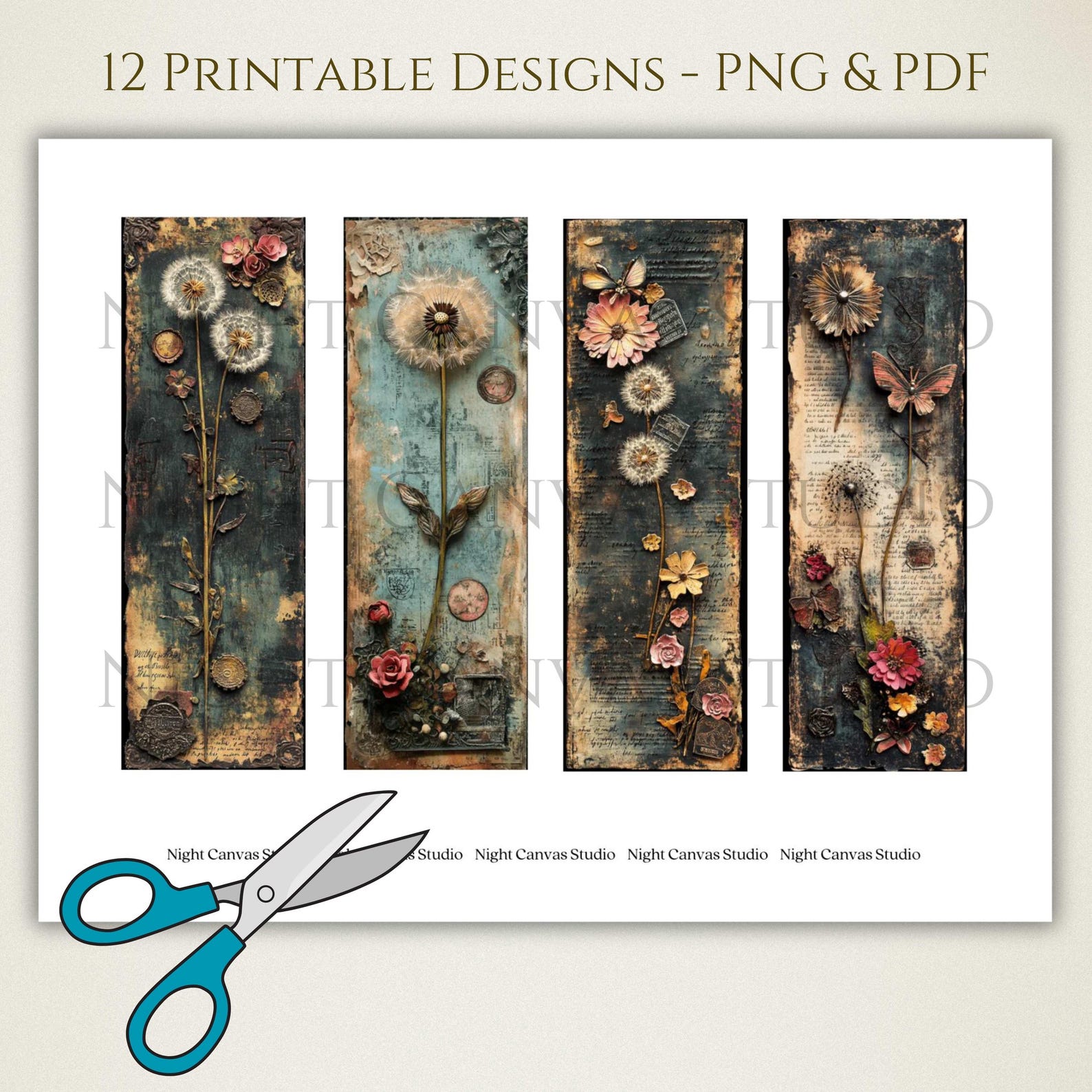Grunge Dandelions Printable Bookmarks, High Quality Digital Images ...
