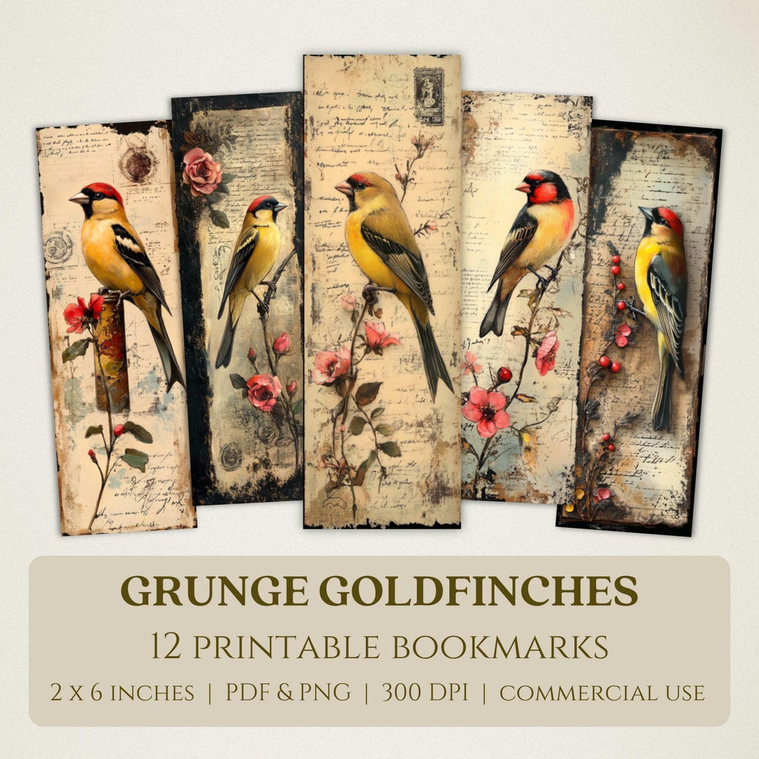 Grunge Goldfinch Printable Bookmarks, High Quality Digital Images ...