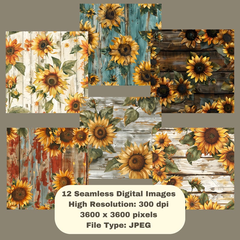 Rustic Sunflowers Digital Paper, 12 High Quality Seamless Images ...