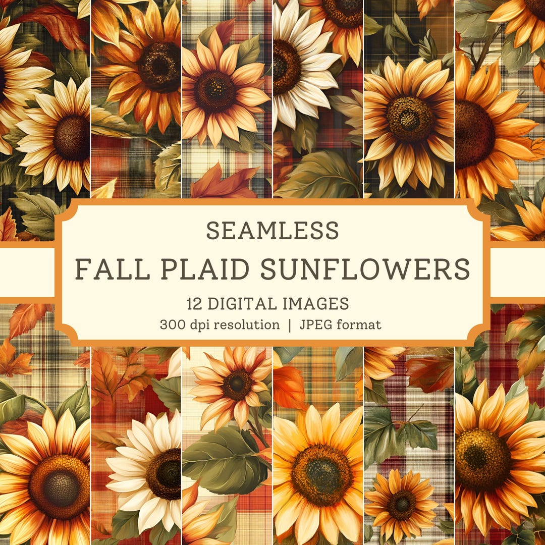 Fall Plaid Sunflowers Digital Paper, High Quality Seamless Images ...