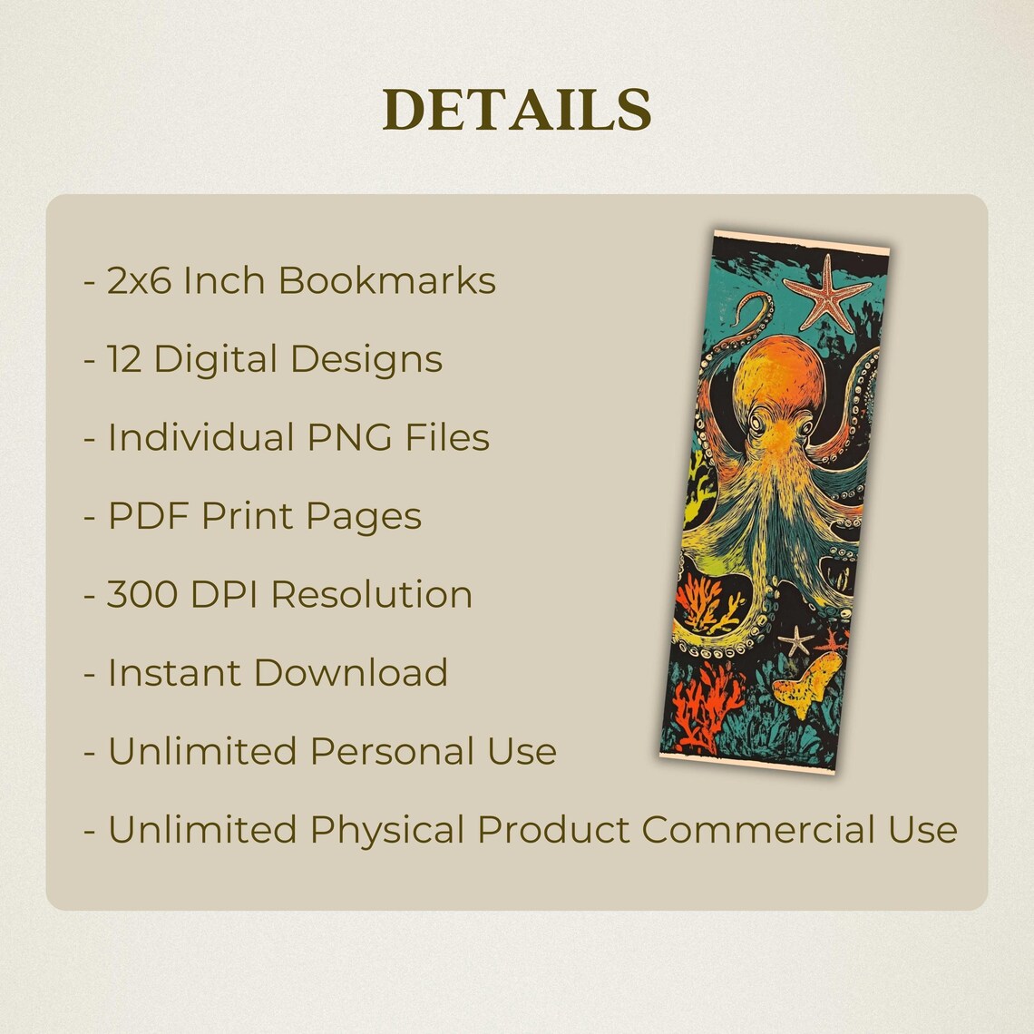 Linocut Octopus Printable Bookmarks, High Quality Digital Images ...