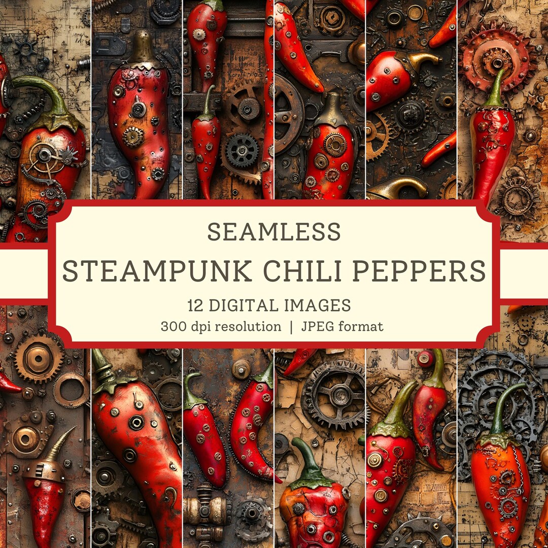 Steampunk Chili Peppers Digital Paper, High Quality Seamless Images ...