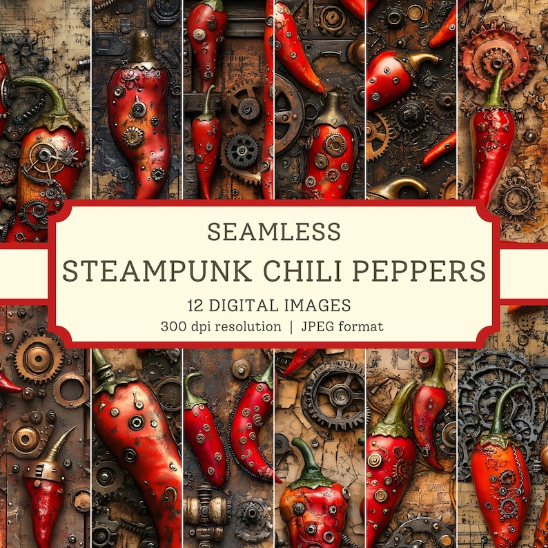 Steampunk Chili Peppers Digital Paper, High Quality Seamless Images ...