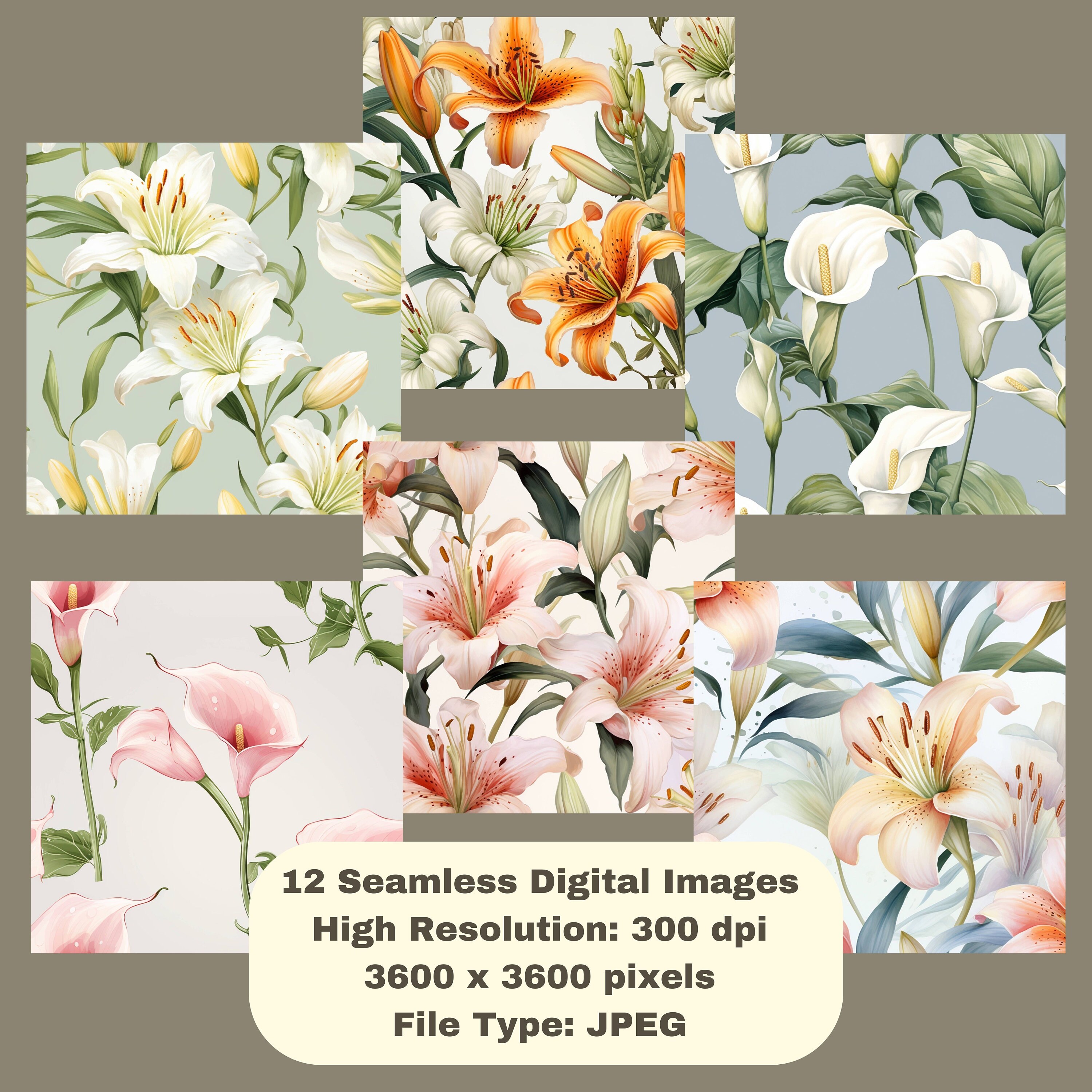 Watercolor Lilies Digital Paper, 12 High Quality Seamless Images ...