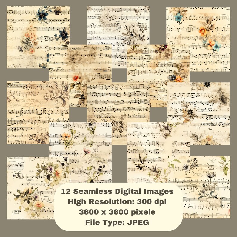 Floral Music Notes Digital Paper, 12 High Quality Seamless Images ...