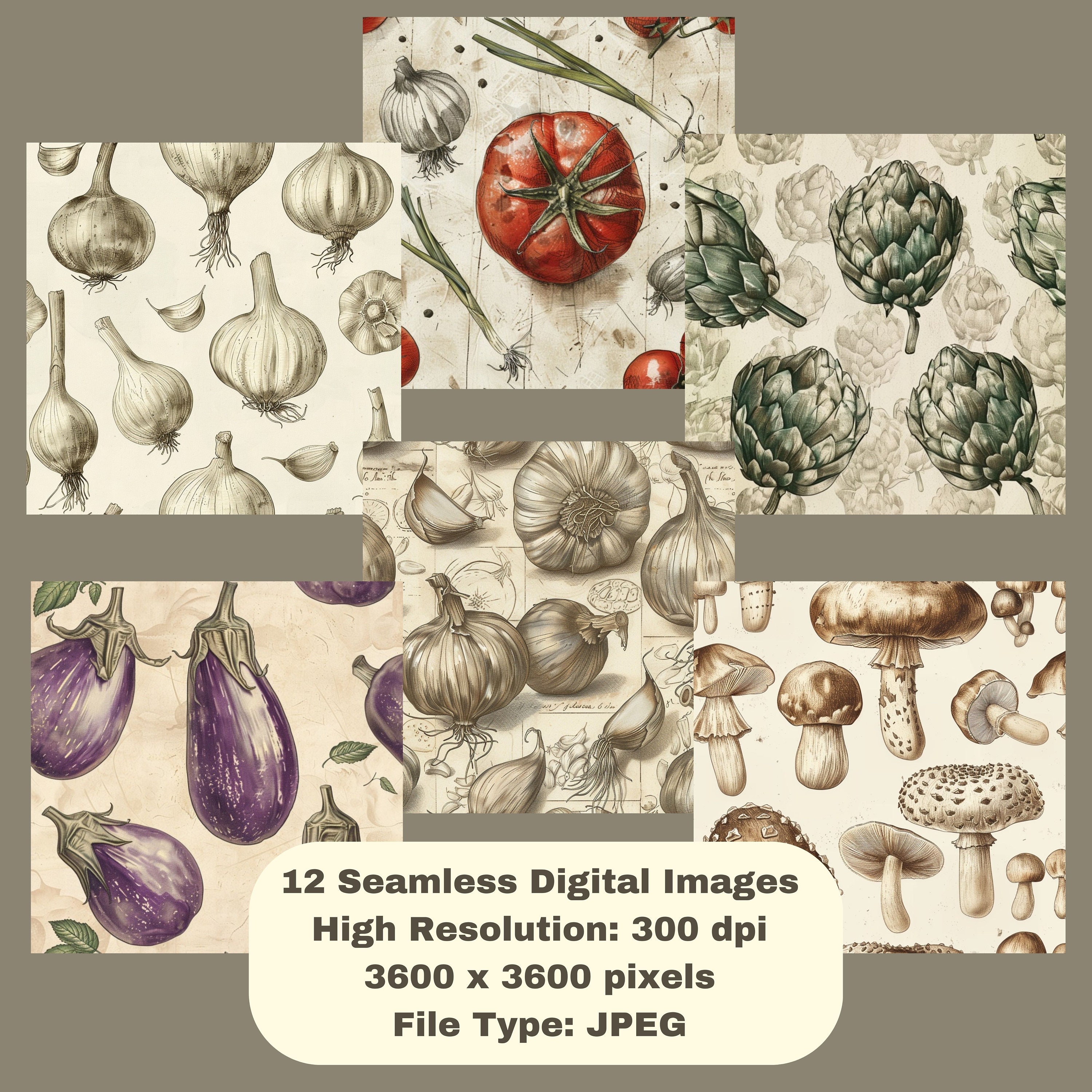 Vintage Vegetables Digital Paper, 12 High Quality Seamless Images ...