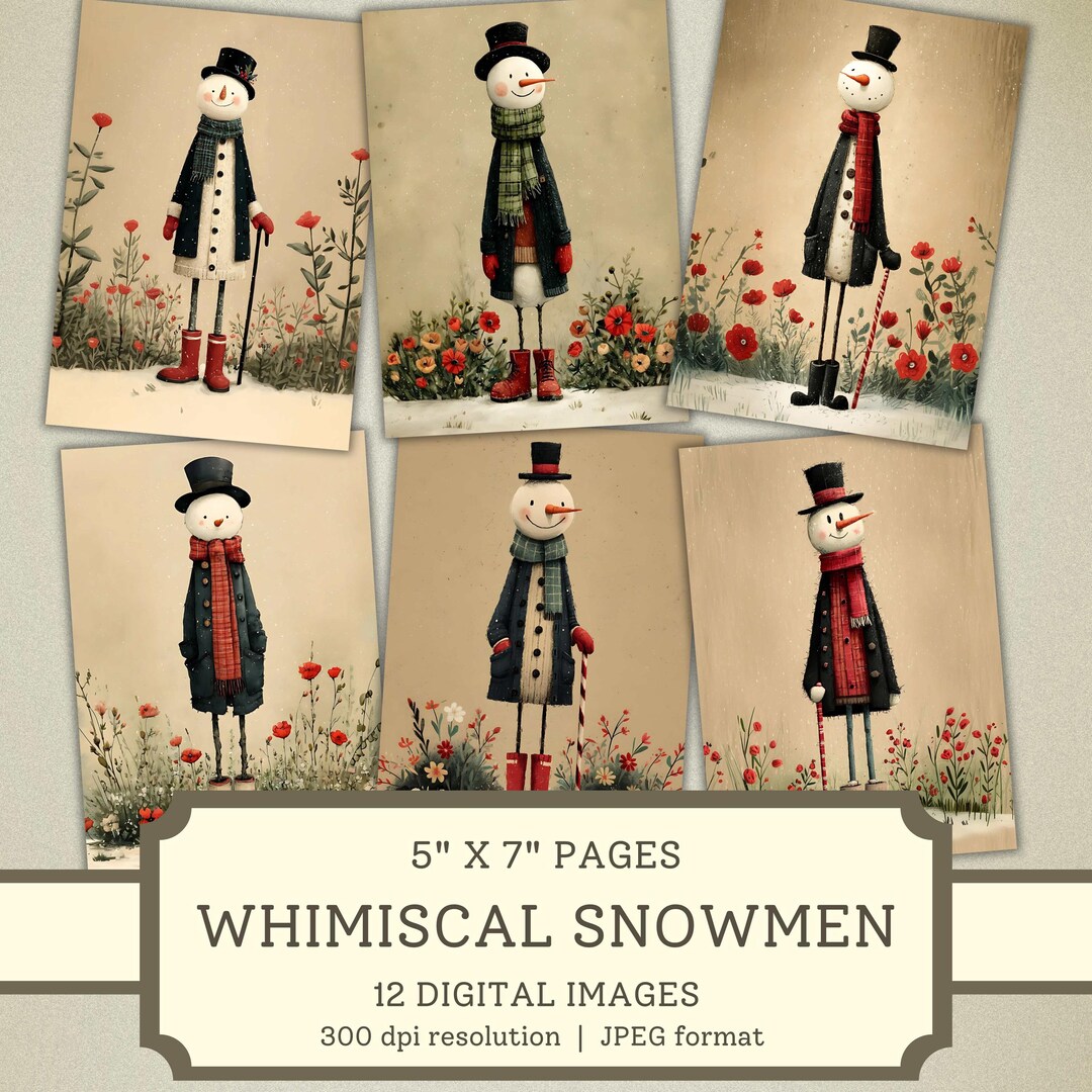 Whimsical Snowmen 5x7 Inch Pages, High Quality Digital Images, Quirky ...