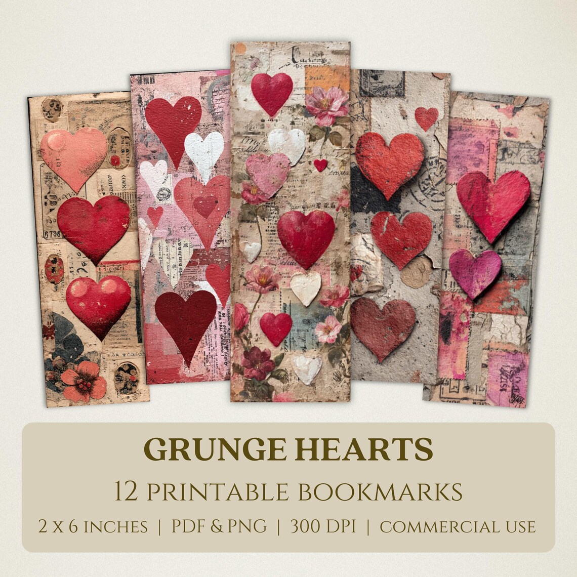 Grunge Hearts Printable Bookmarks, High Quality Digital Images ...